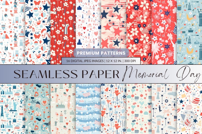 Patriotic Memorial Day Digital Paper Set, Whimsical 12x12 Patterns ...