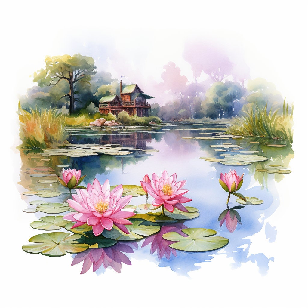 Lily Pond Clipart, 20 High Quality Pngs, Paper Craft, Mixed Media, Card ...