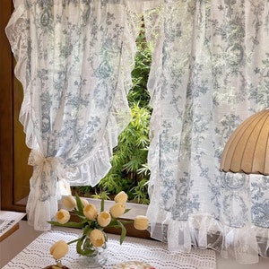 Rococo Elegant Romantic Blue Lace Ruffle Edge Curtains, Floral ...