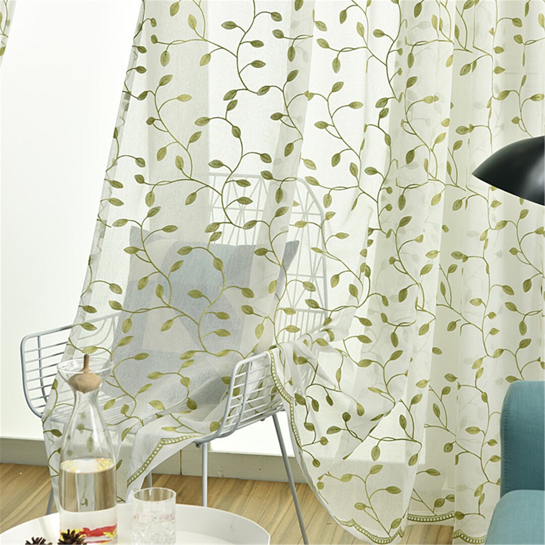 Green Leaf Embroidery Tulle Curtain, Leaves Embroideried Sheer Window ...