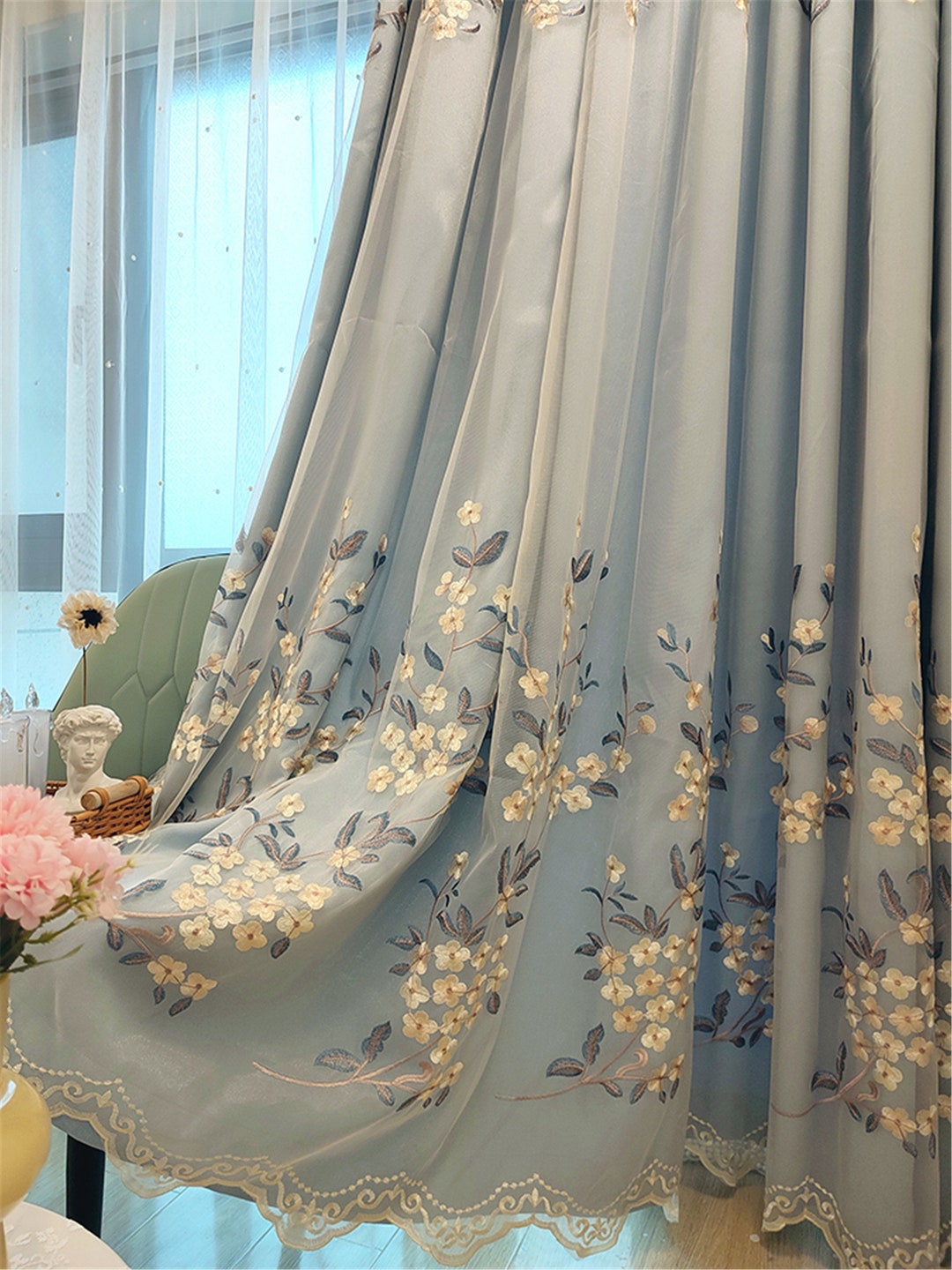 Retro French Blue Embroidered Curtains, Elegant Unique Lace Curtains ...