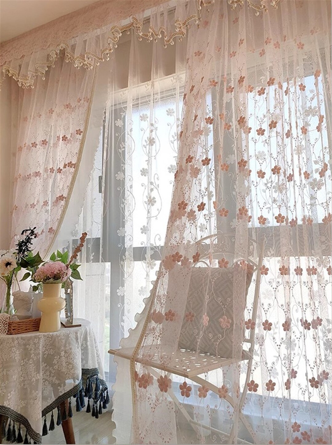 Pink Sweet Floral Embroidered Floor to Ceiling Gauze Curtain, Lovely ...