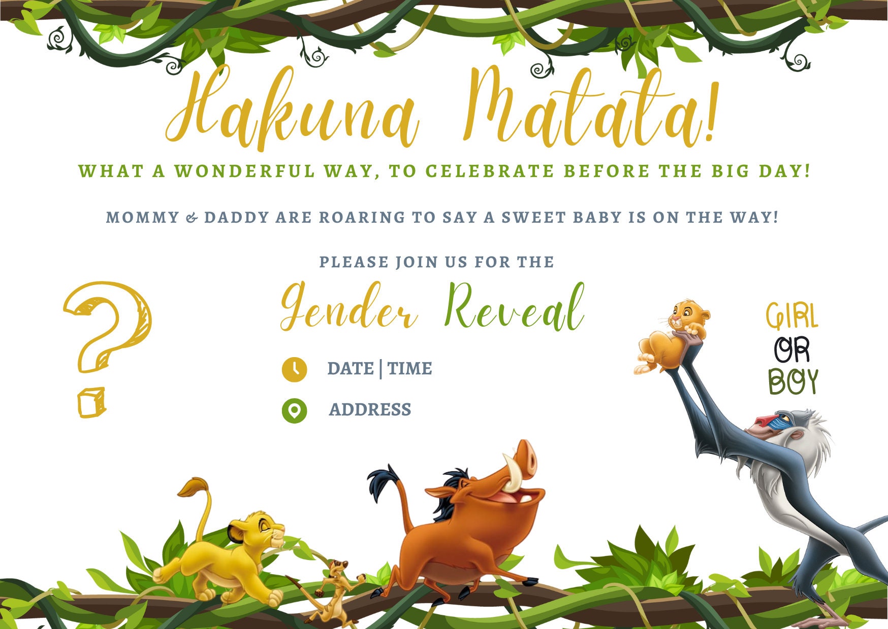 Lion King Gender Reveal Digital Invitation Simba or Nala Editable ...