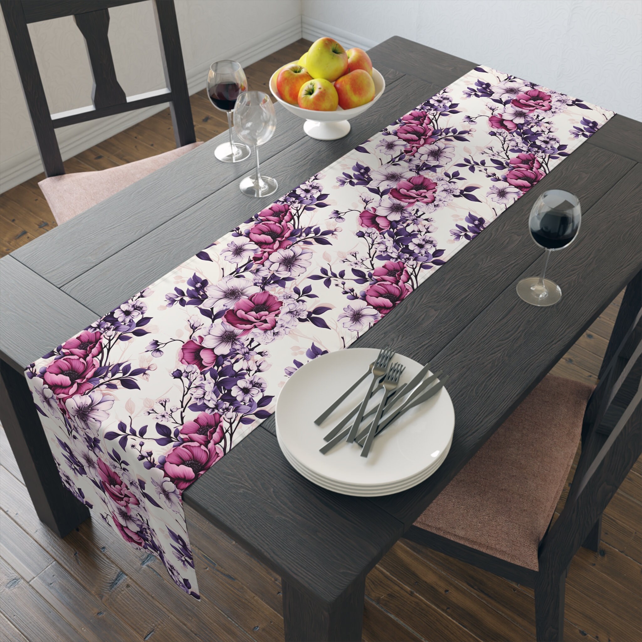Floral Cranberry Table Runner Botanical Home Decor French Toile Dresser ...