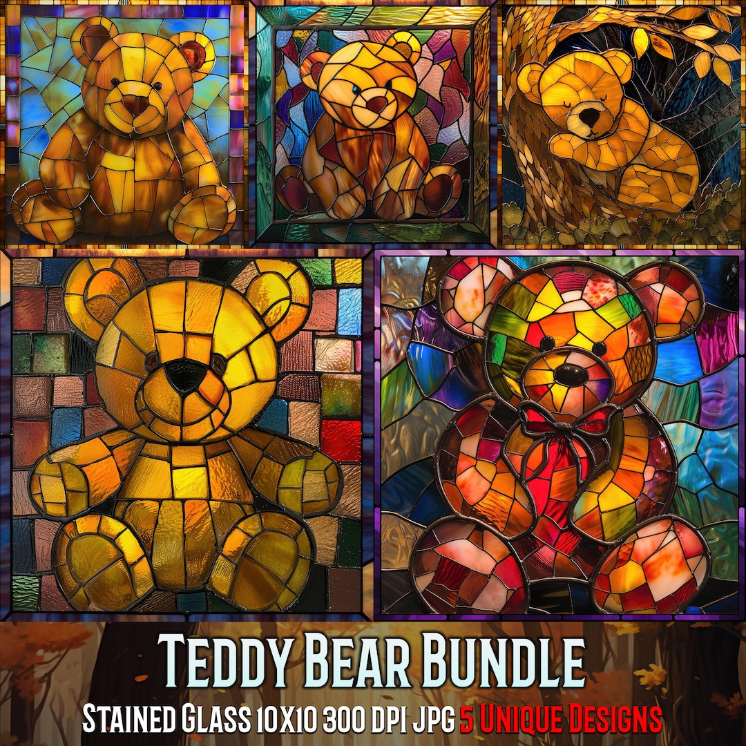 5 Stained Glass Teddy Bear Bundle Square Framed JPG Sublimation Digital ...