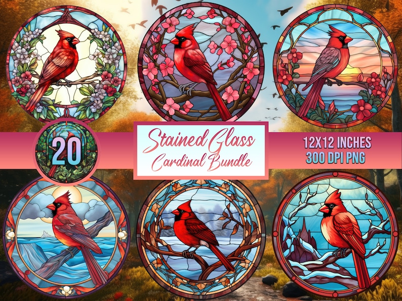 20 Stained Glass Red Cardinal BUNDLE - Circle , Sublimation, PNG ...