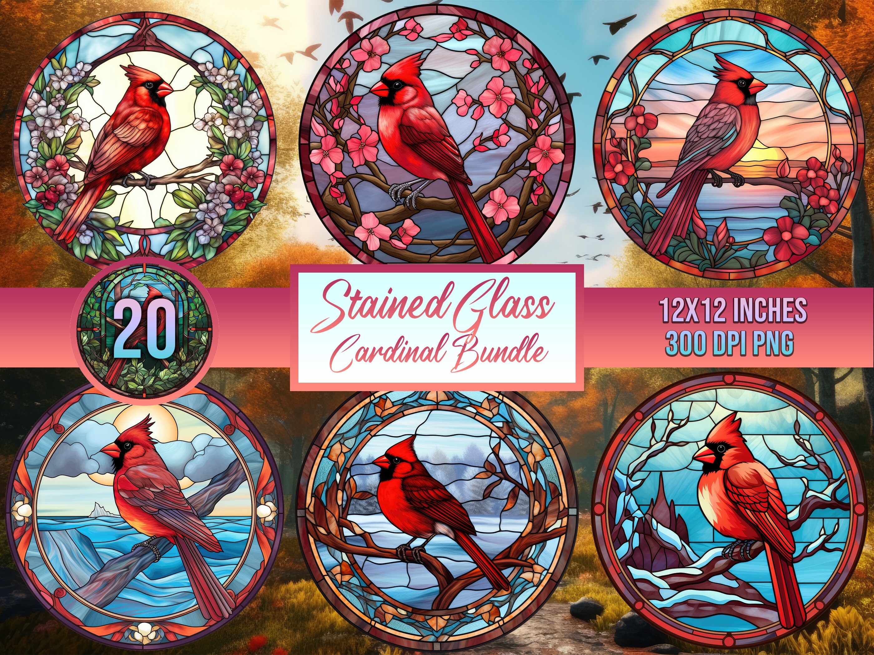 20 Stained Glass Red Cardinal BUNDLE - Circle , Sublimation, PNG ...