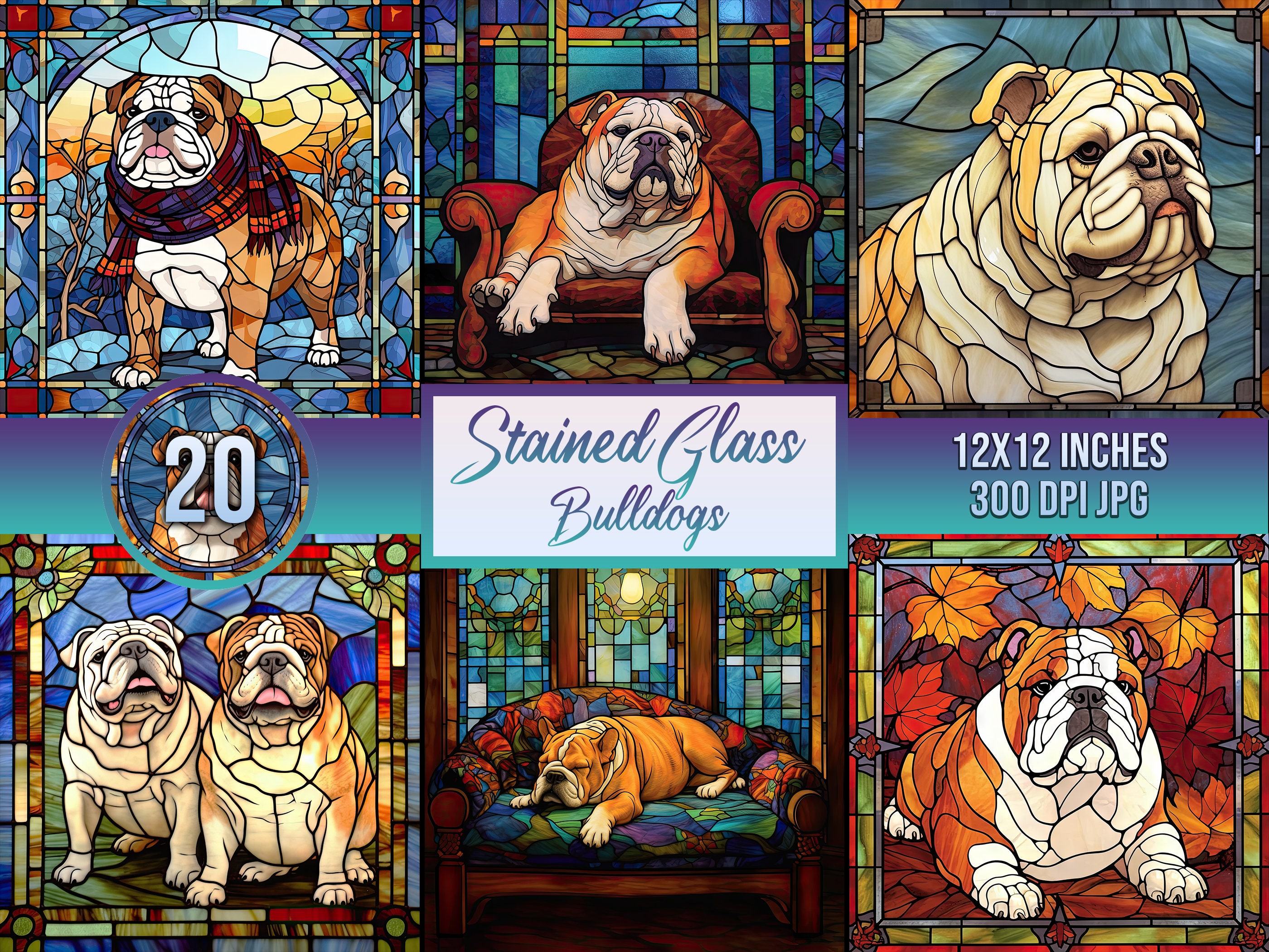 20 Stained Glass Adult Bulldogs BUNDLE Sublimation PNG - Etsy