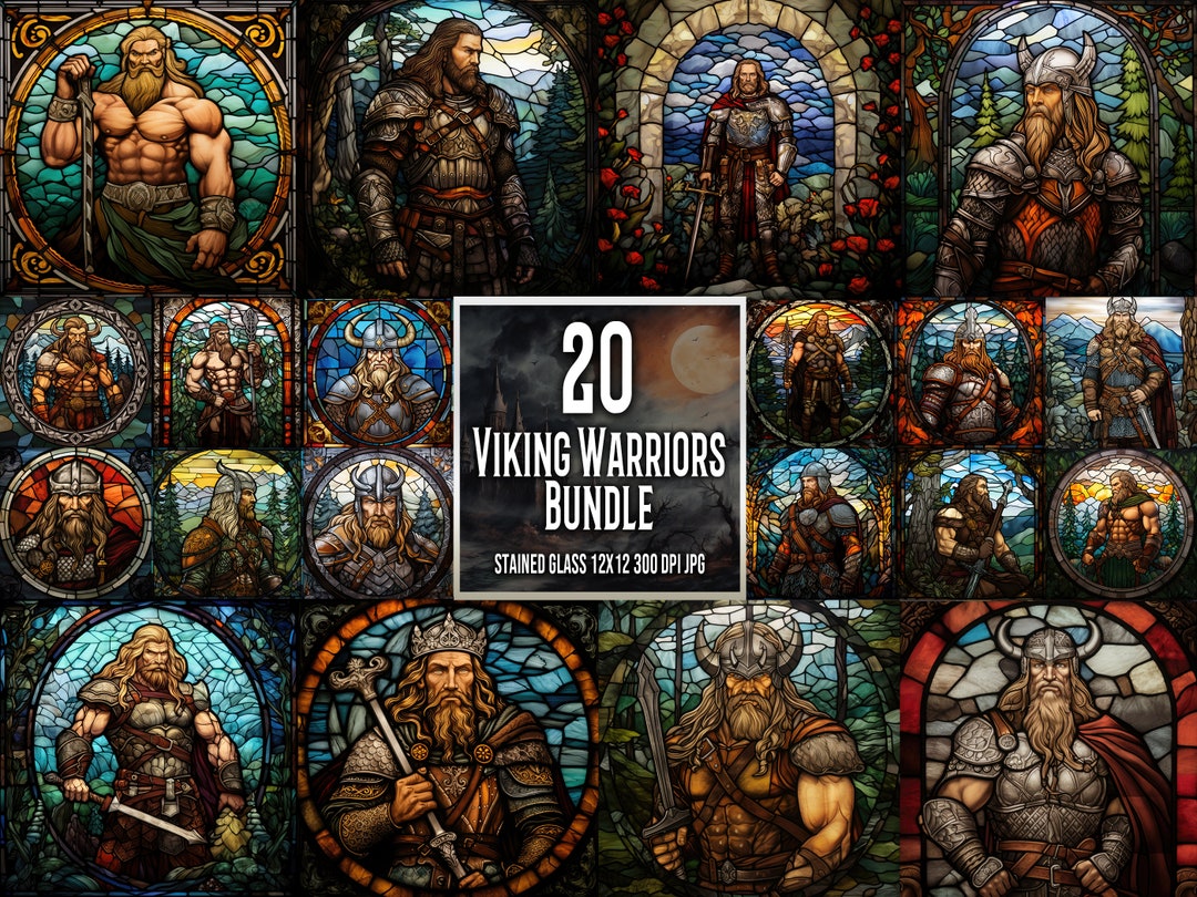 20 Stained Glass Medieval Viking Warrior Bundle Fantasy Illustration ...