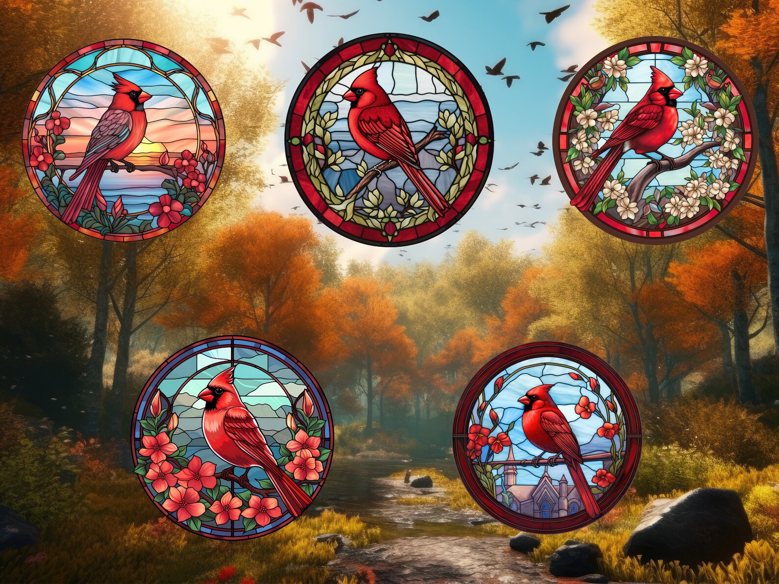 20 Stained Glass Red Cardinal BUNDLE - Circle , Sublimation, PNG ...