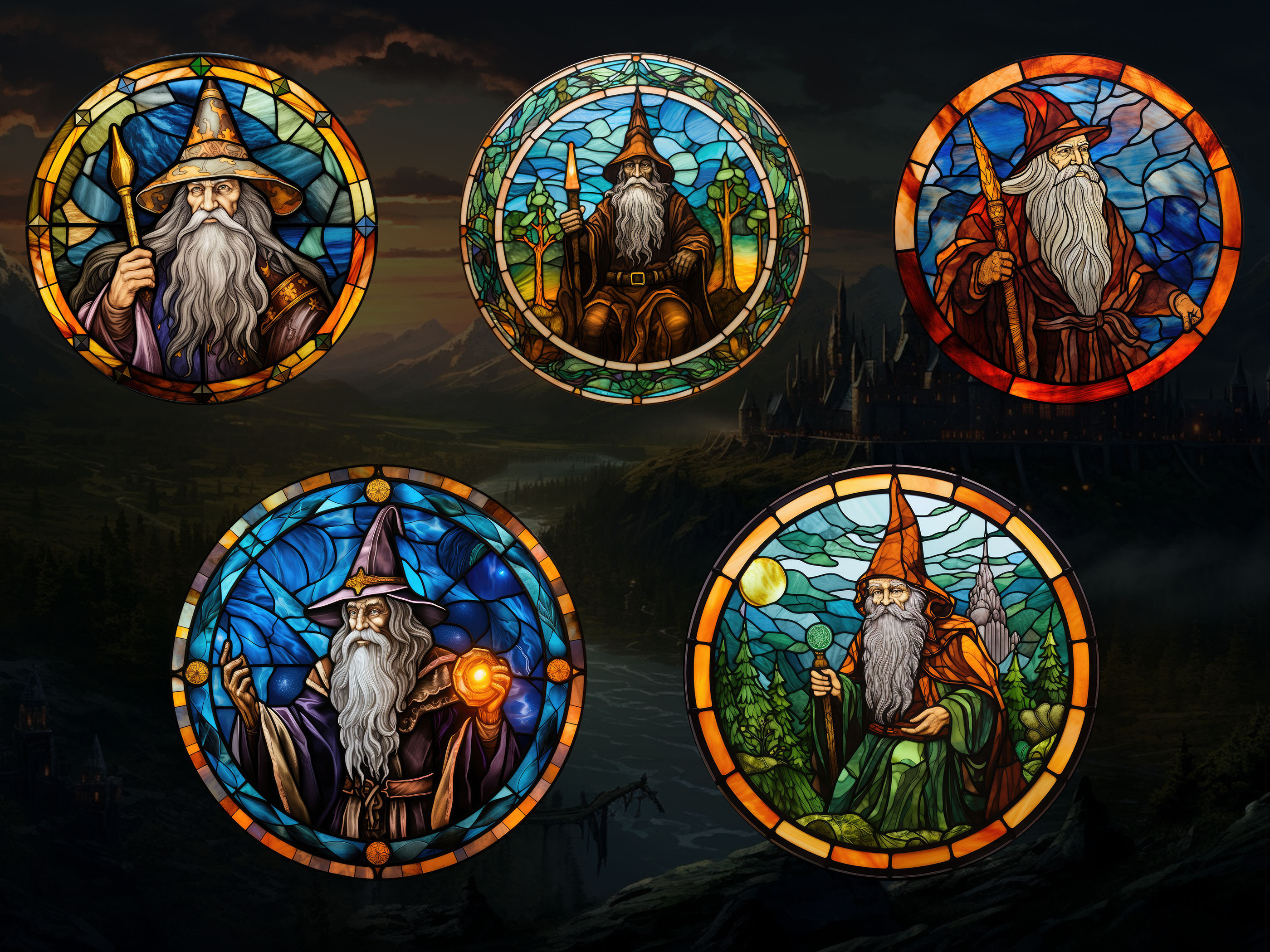 20 Stained Glass Magical Wizard Circle Bundle Fantasy Illustration ...