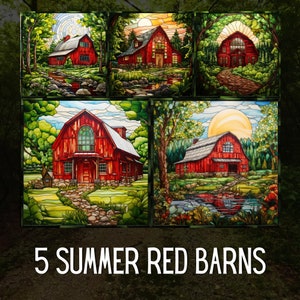20 Stained Glass Seasonal Red Farm Barns Bundle Fall-spring-summer ...