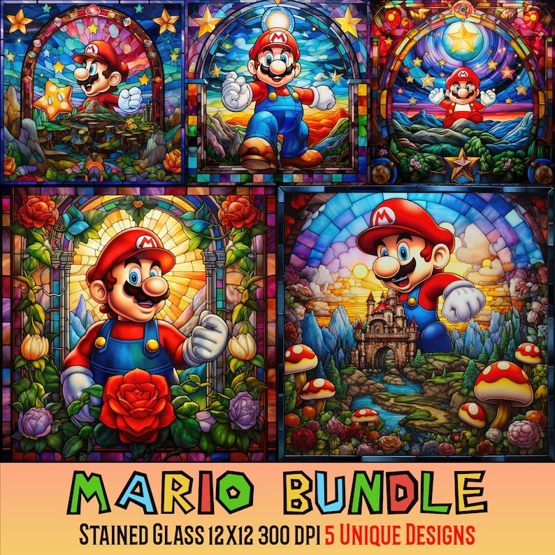 5 Stained Glass Marío Bundle PNG Sublimation Digital - Etsy