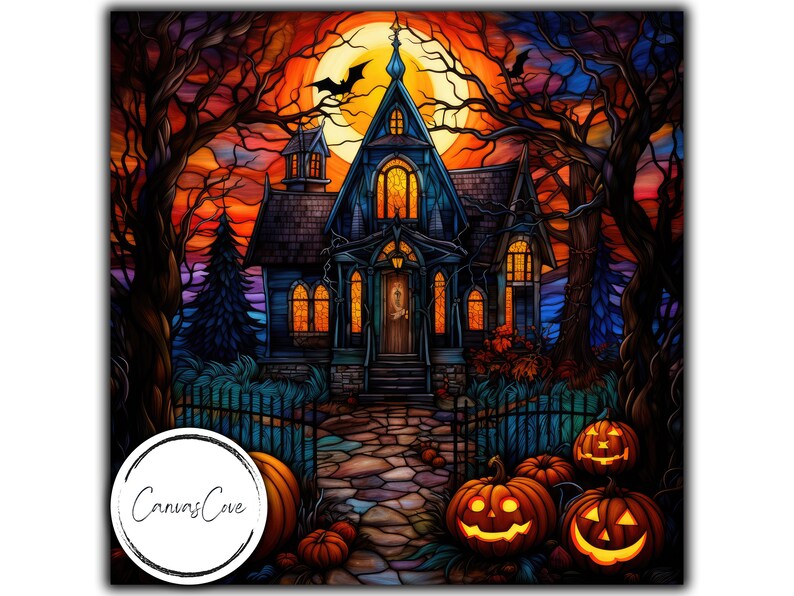 Stained Glass Halloween Spooky House PNG Sublimation - Etsy