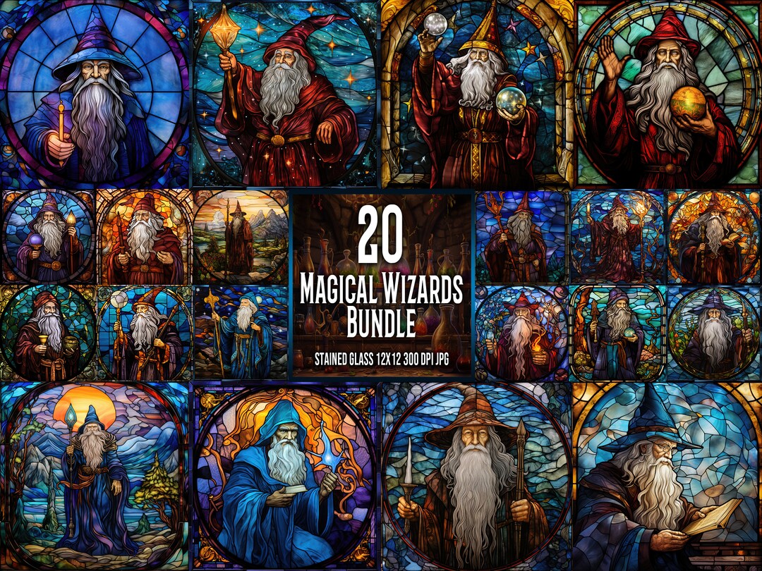 20 Stained Glass Magical Wizard Bundle - Fantasy Illustration Clipart ...