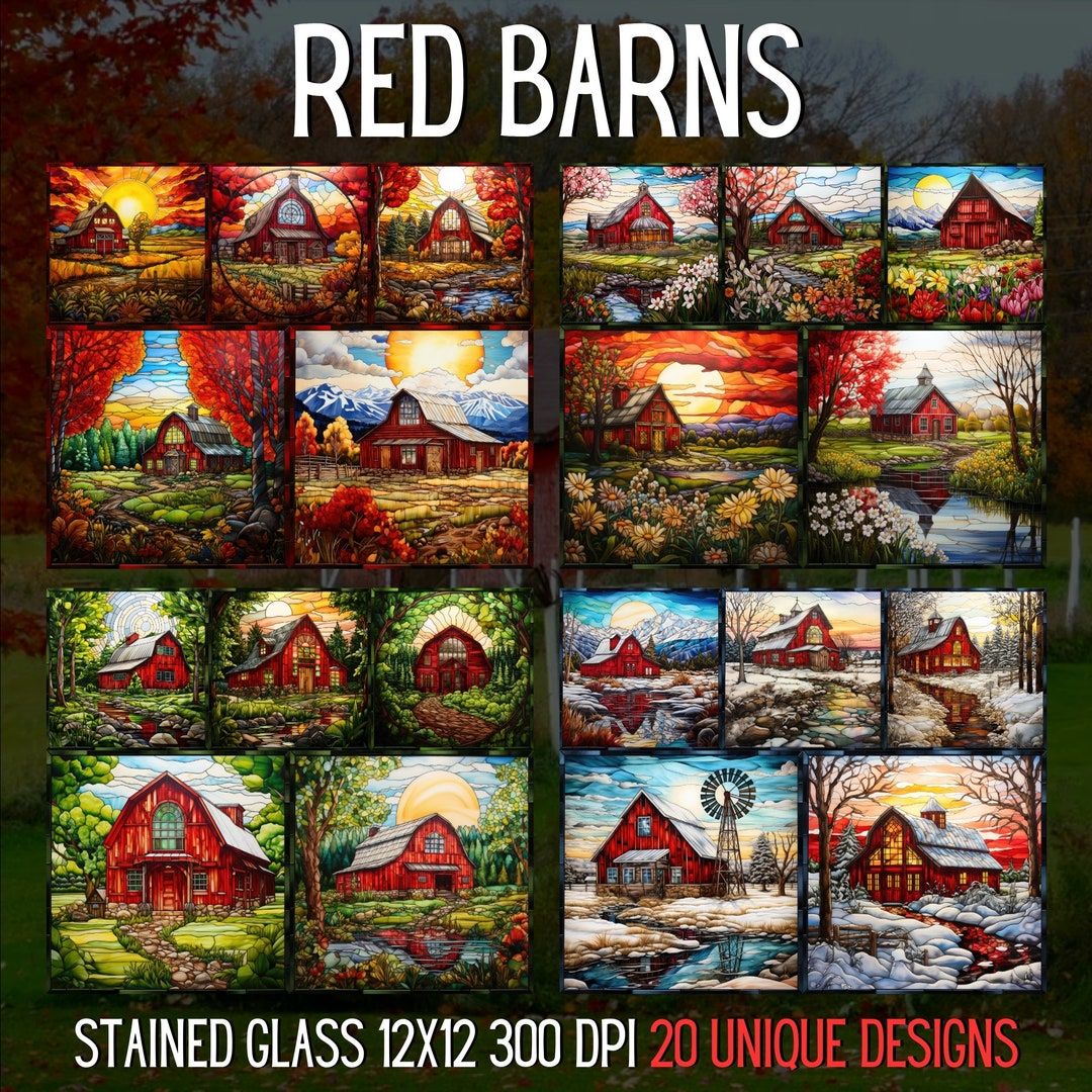 20 Stained Glass Seasonal Red Farm Barns Bundle Fall-spring-summer ...