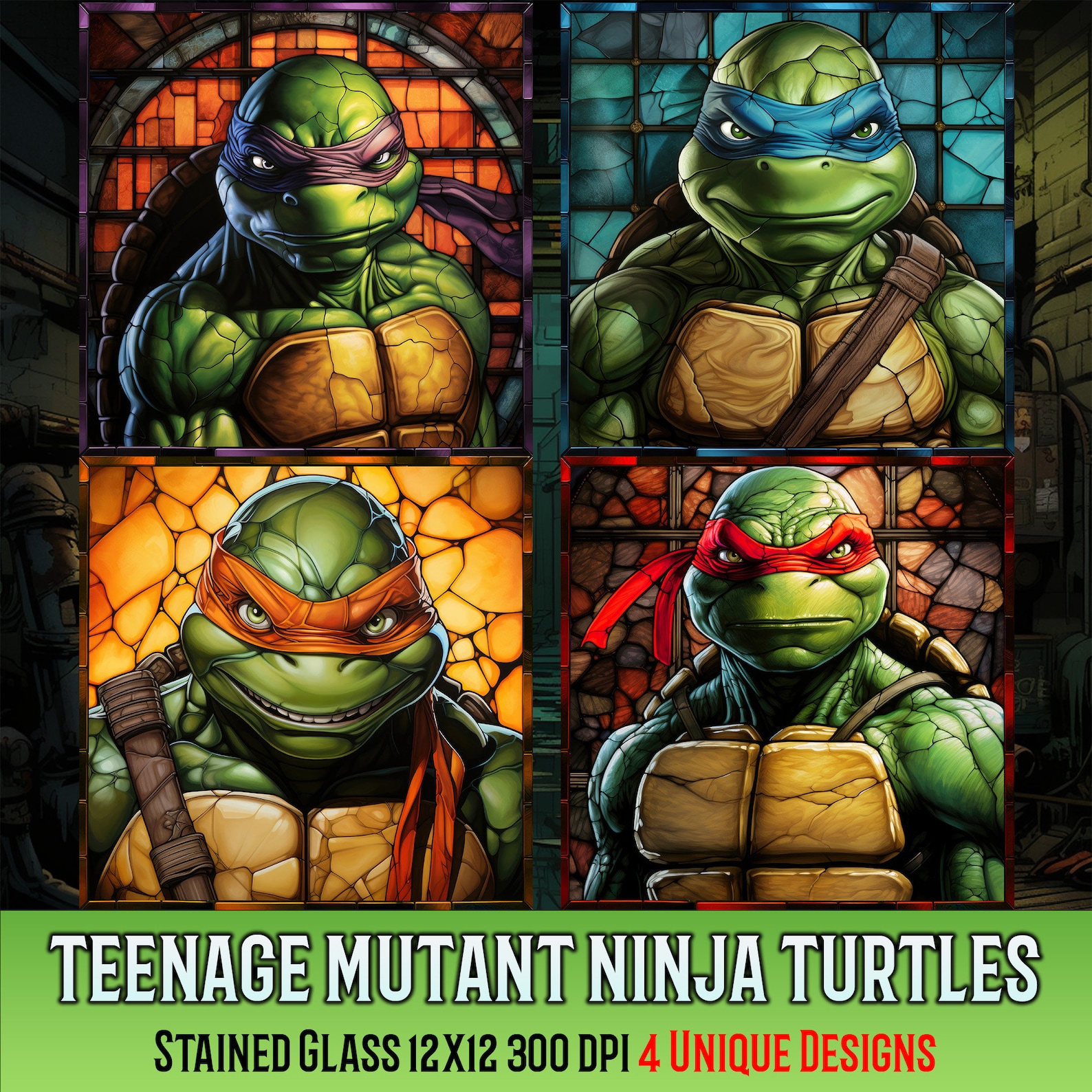 4 Stained Glass Turtle Ninjas, Sublimation, Digital Download, Digital ...