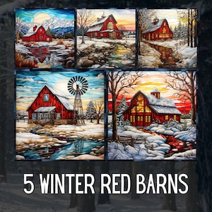 20 Stained Glass Seasonal Red Farm Barns Bundle Fall-spring-summer ...