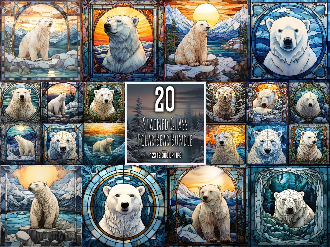 20 Stained Glass Polar Bear Bundle - Bear Illustration Arctic Clipart ...