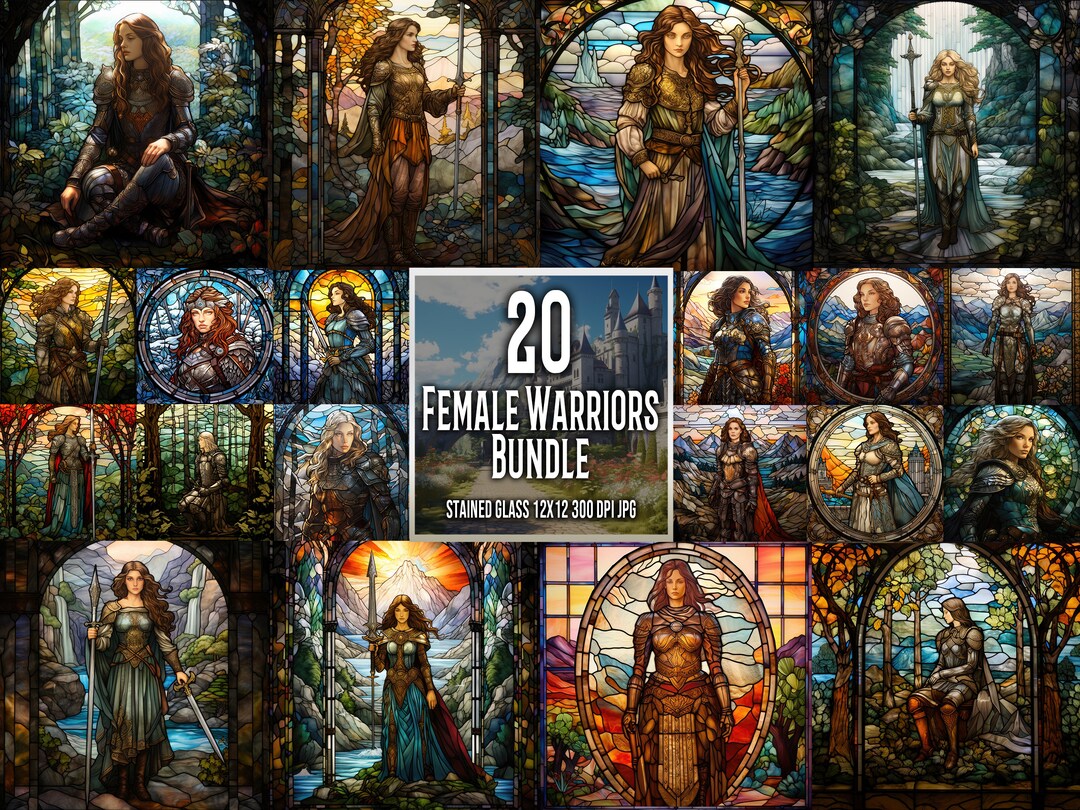 20 Stained Glass Medieval Female Warrior Bundle Fantasy Illustration ...