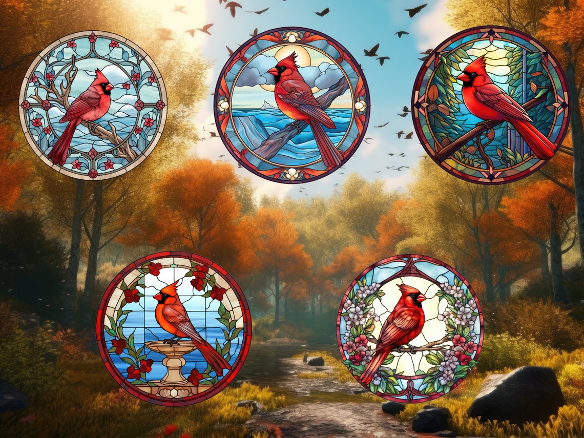 20 Stained Glass Red Cardinal BUNDLE - Circle , Sublimation, PNG ...