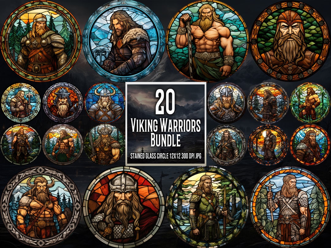 20 Stained Glass Medieval Viking Warrior Bundle Fantasy Illustration ...