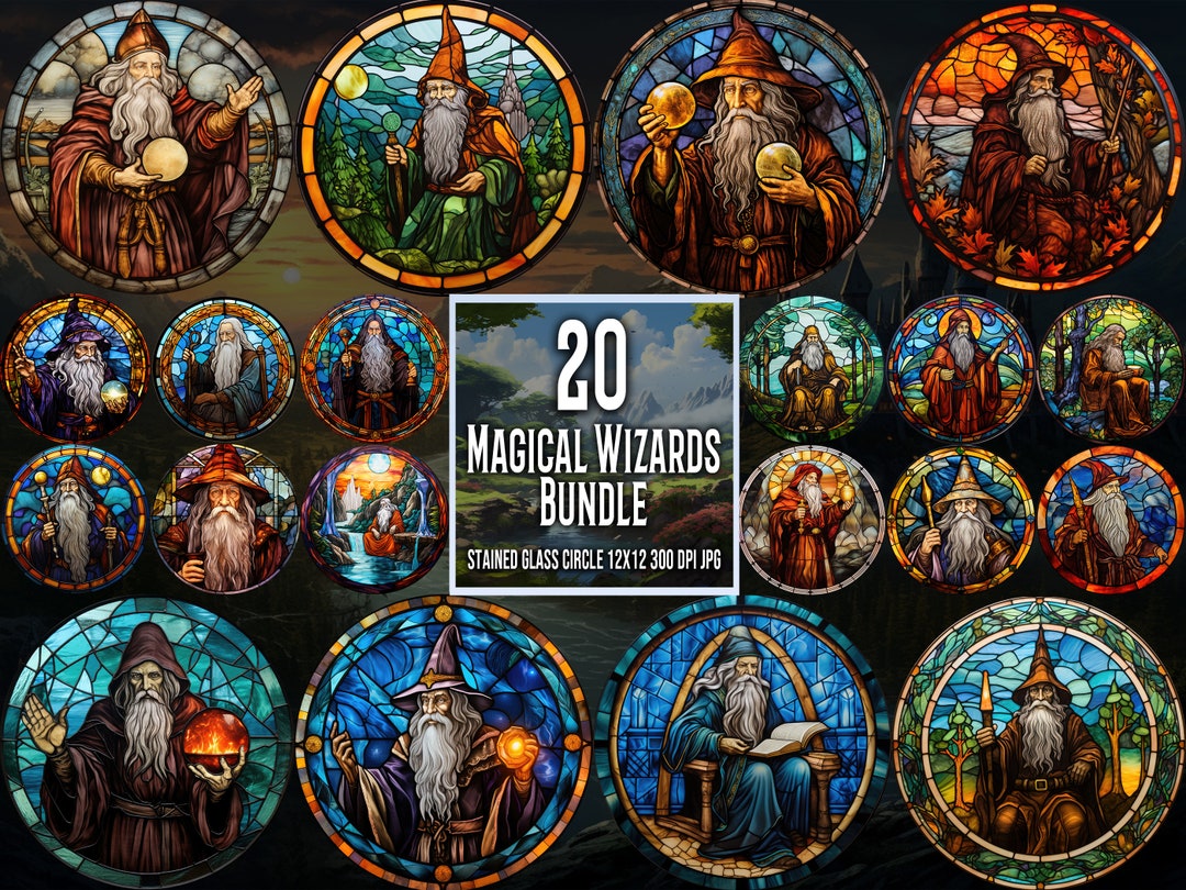 20 Stained Glass Magical Wizard Circle Bundle Fantasy Illustration ...