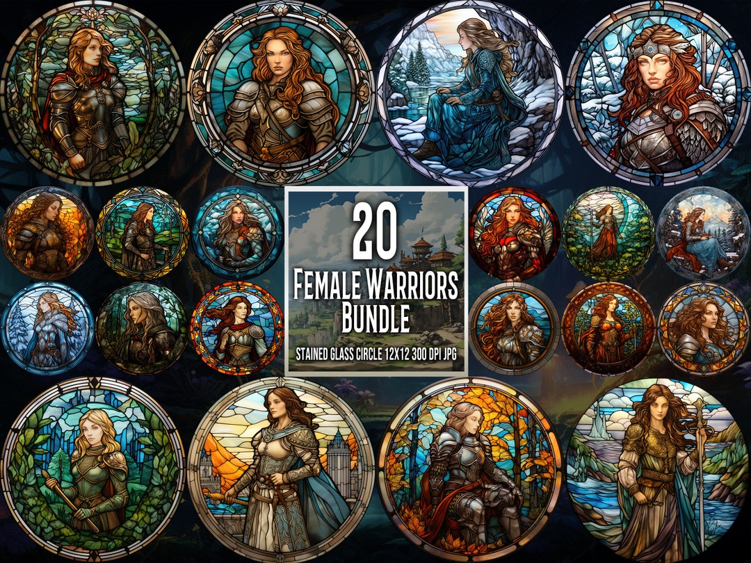 20 Stained Glass Medieval Female Warrior Bundle Fantasy Illustration ...