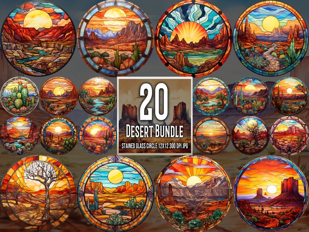 20 Stained Glass Circle Frame Desert Landscape Bundle Illustration ...