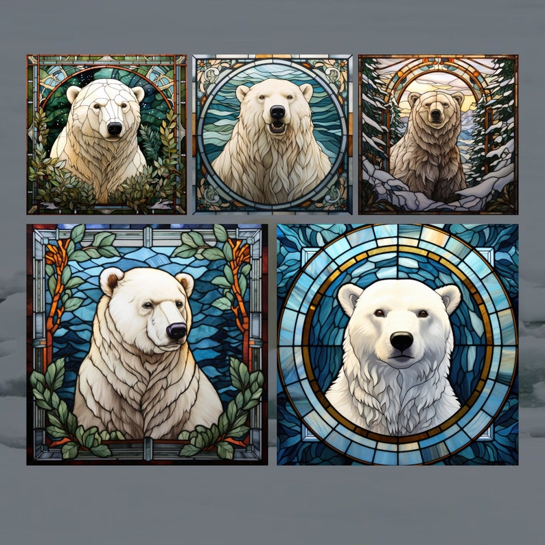 20 Stained Glass Polar Bear Bundle Bear Illustration Arctic - Etsy