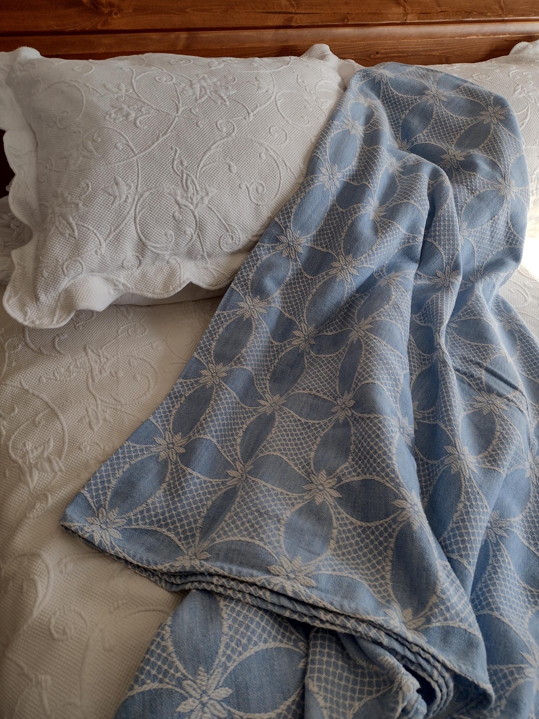 Vintage Monument Mills Jacquard Coverlet Periwinkle Blue Damask Woven ...