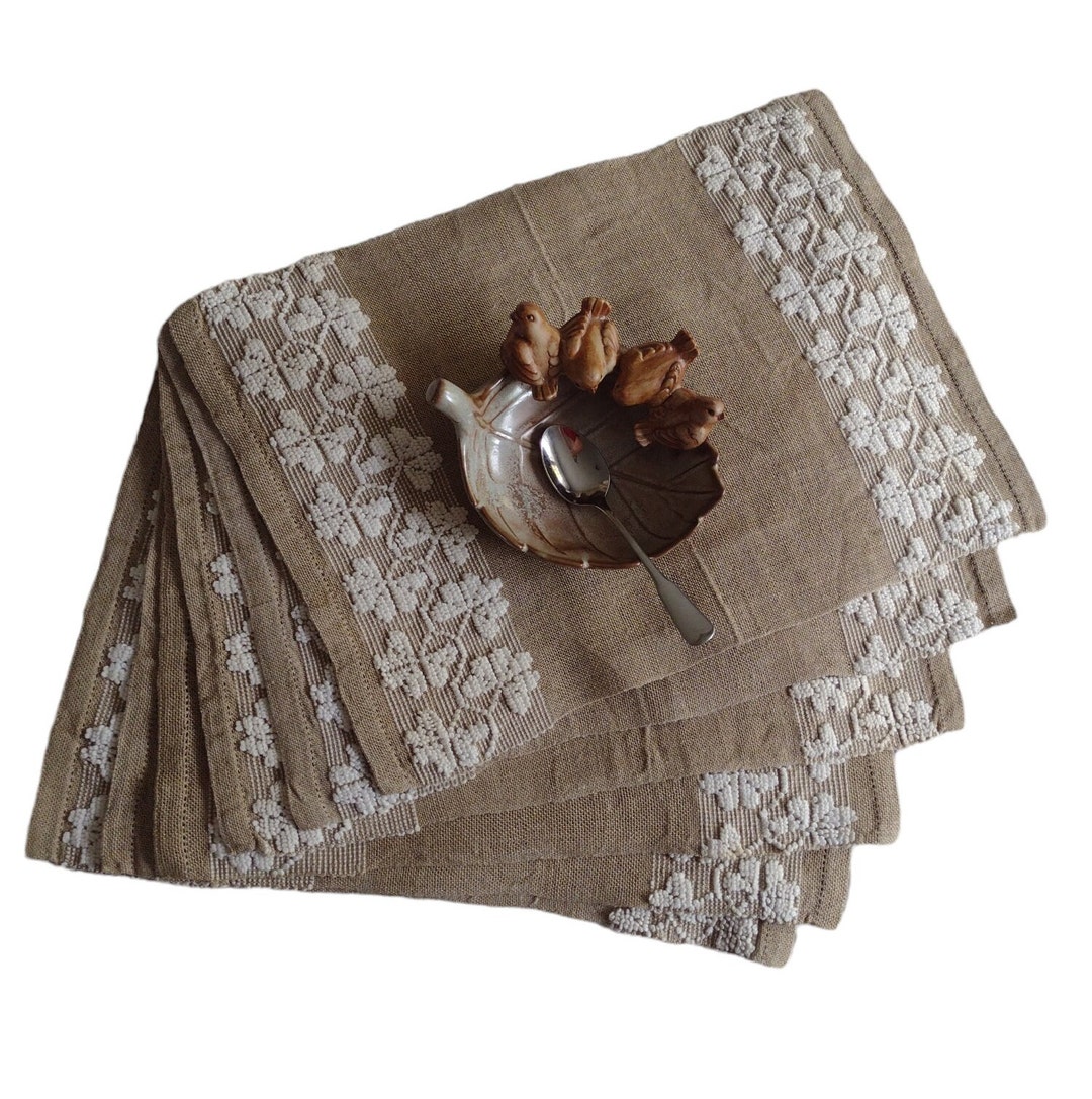 Set of 6 Rustic Dark Beige Placemats With Textured White Design - 16.5 ...