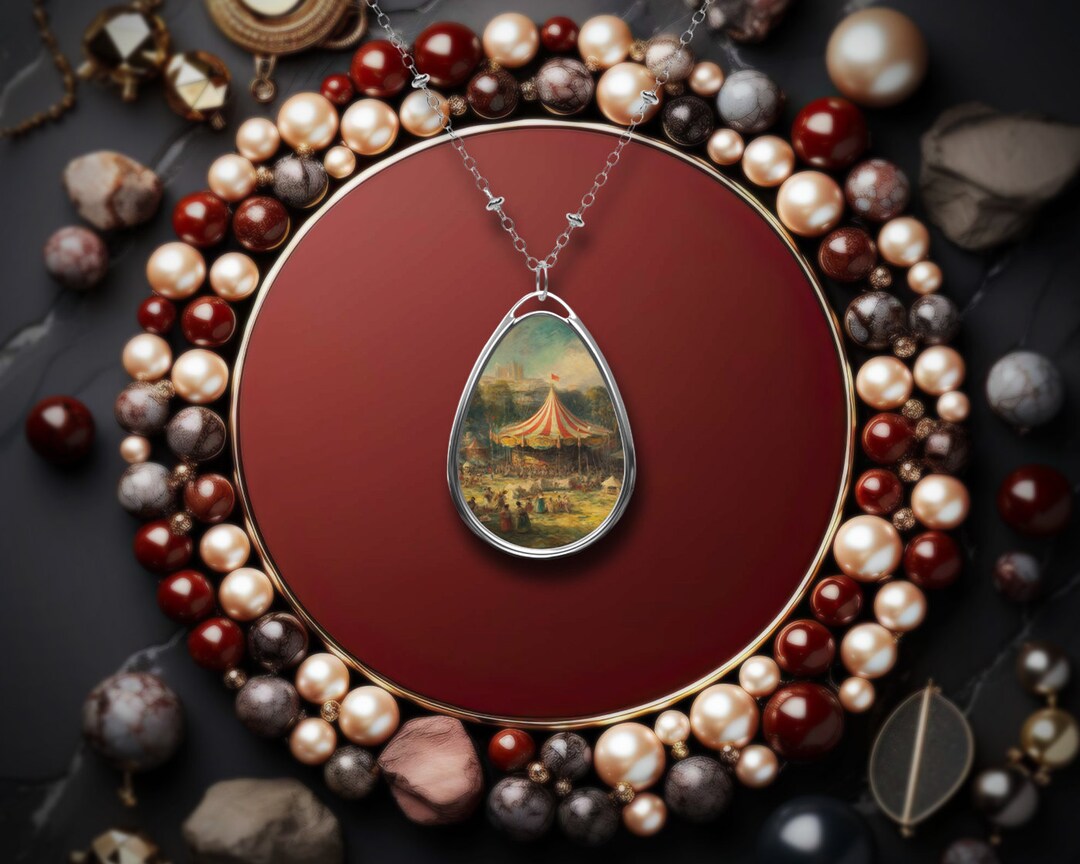 French Circus Oval Necklace, Vintage Art Jewelry, Oval Pendant Necklace ...