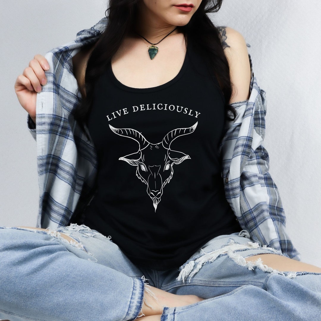 LIVE DELICIOUSLY Racerback Tank Top, Pagan Occult Satanic Goat Head ...