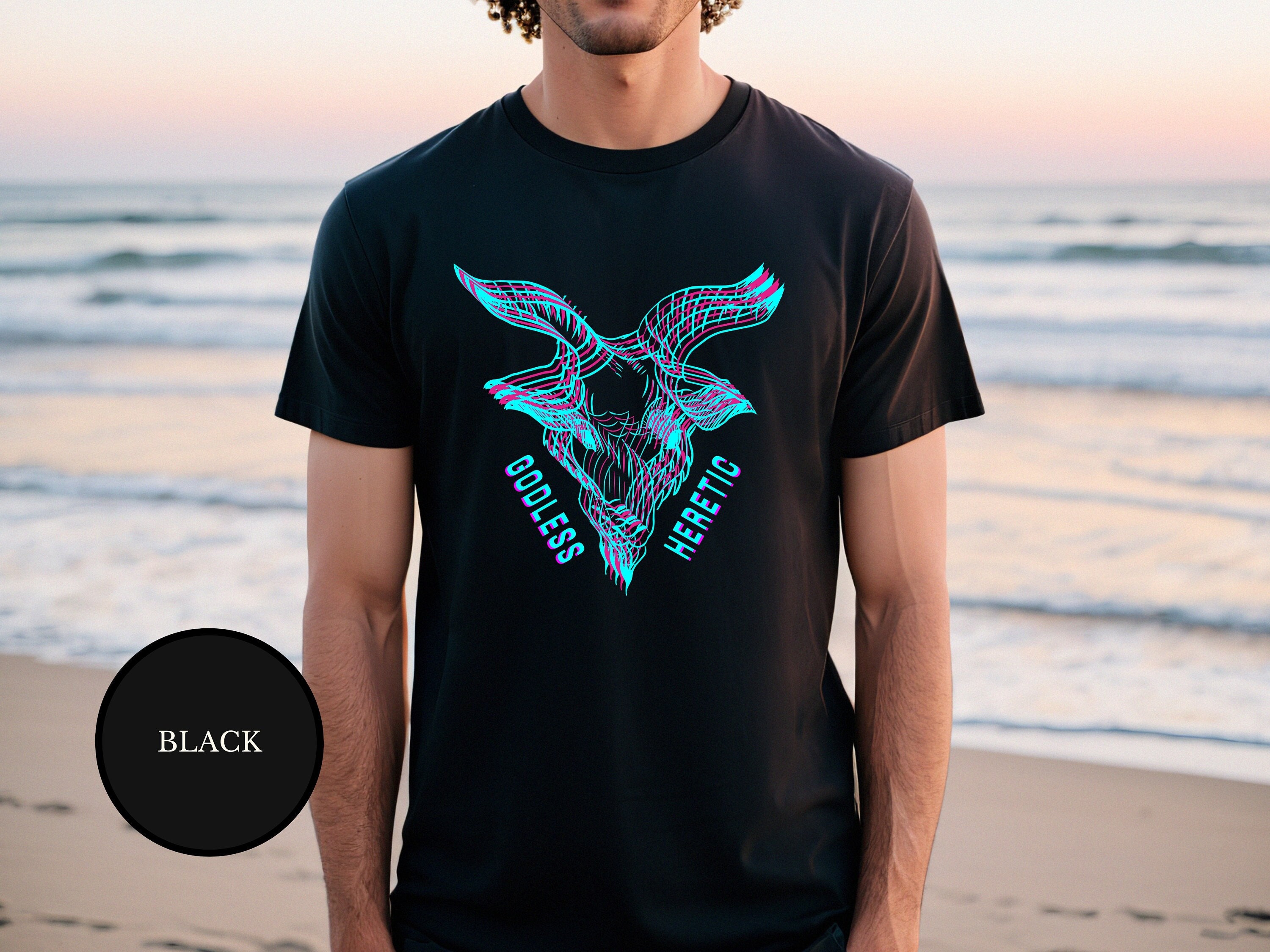 GODLESS HERETIC, Satanic Goat Head Shirt, Retro 3D Neon, Cybercore ...