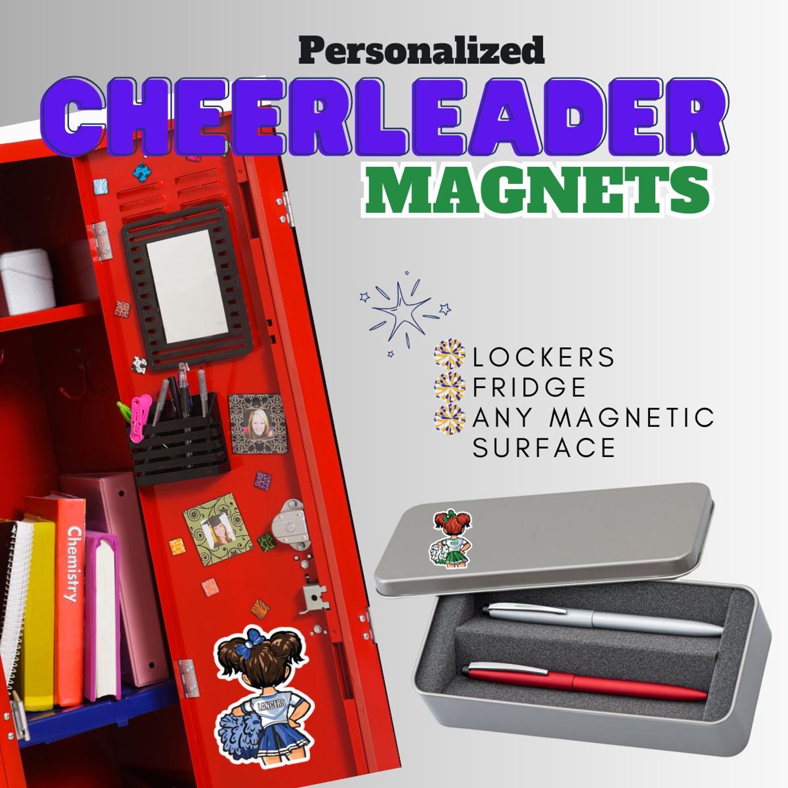 Personalized Cheerleader Magnet, Locker Decoration, Custom Sports ...