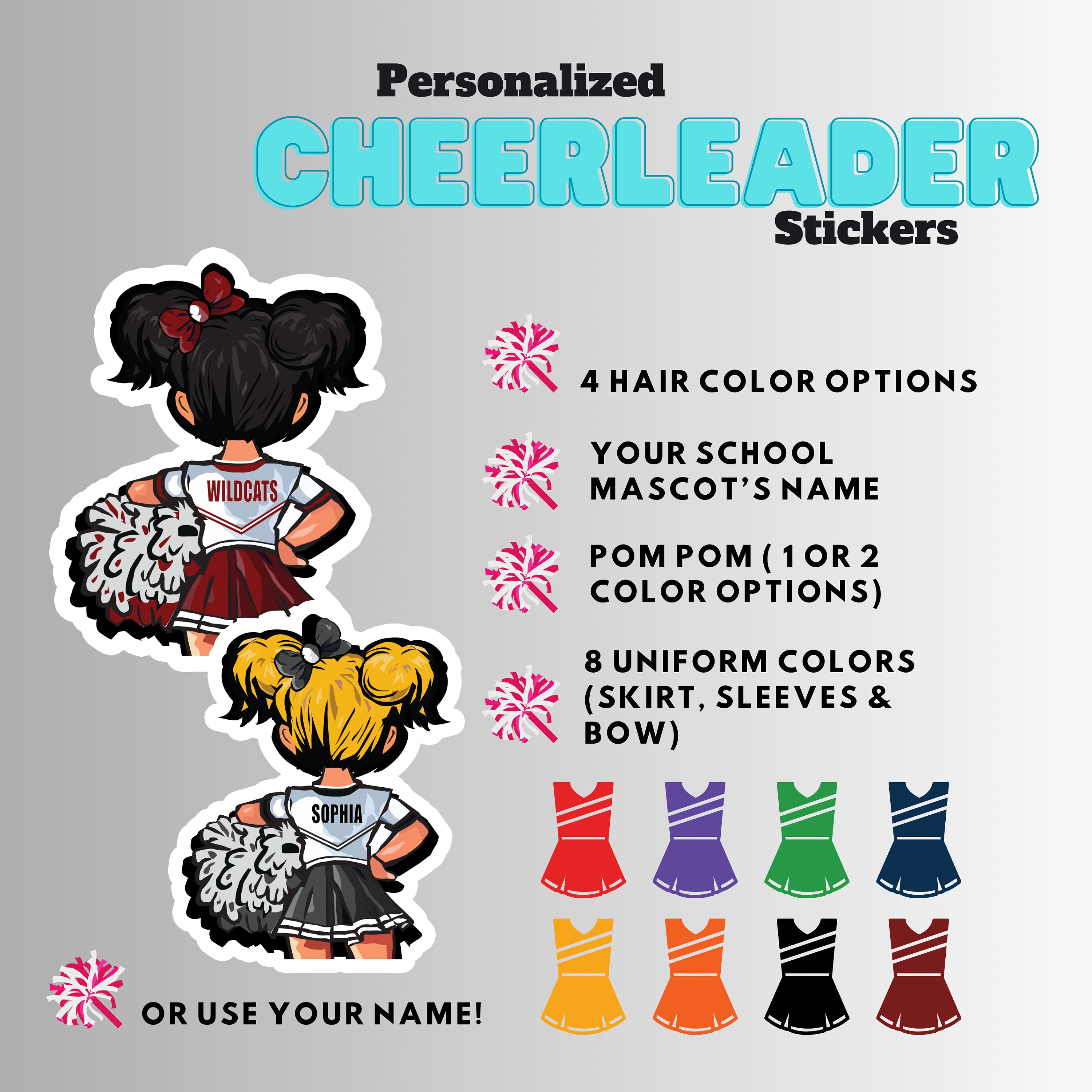 Personalized Cheerleader Stickers, Custom Squad Decals, for Laptop ...