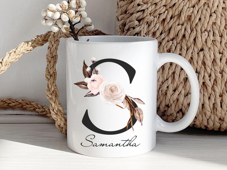 Custom Floral Boho Coffee Mug With Name, Personalized Monogram Mug ...