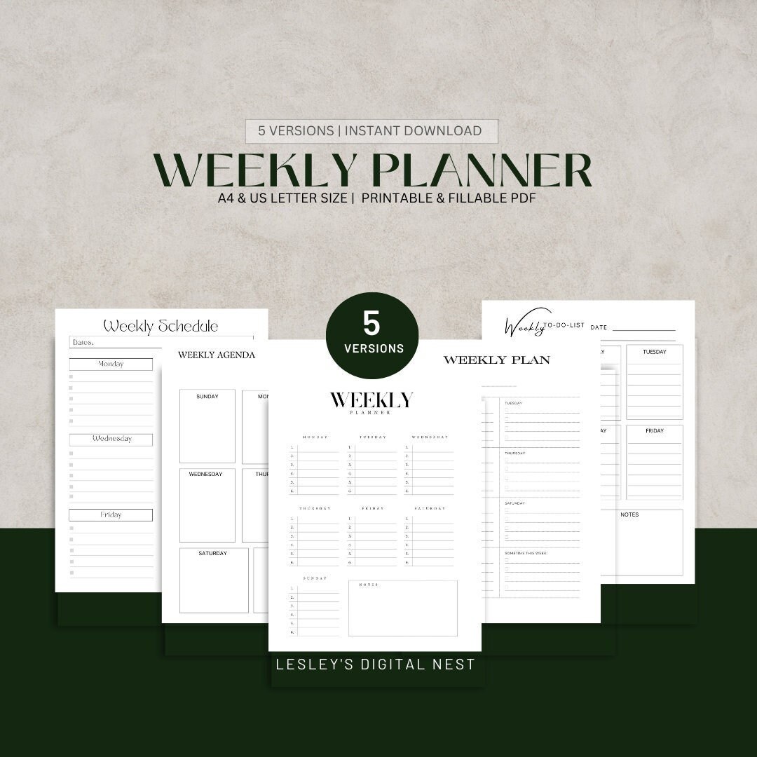 Five Day Weekly Planner | Instant Download | Printable, Fillable ...