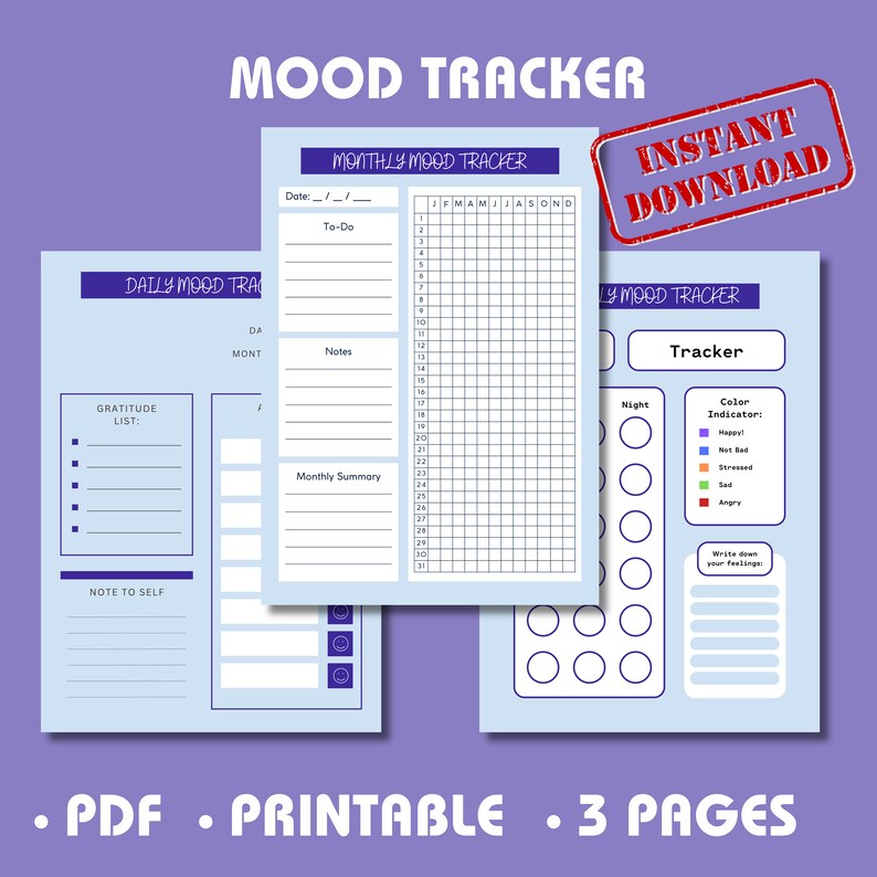 Daily Mood Tracker, Weekly Mood Tracker, Monthly Mood Tracker, Digital ...