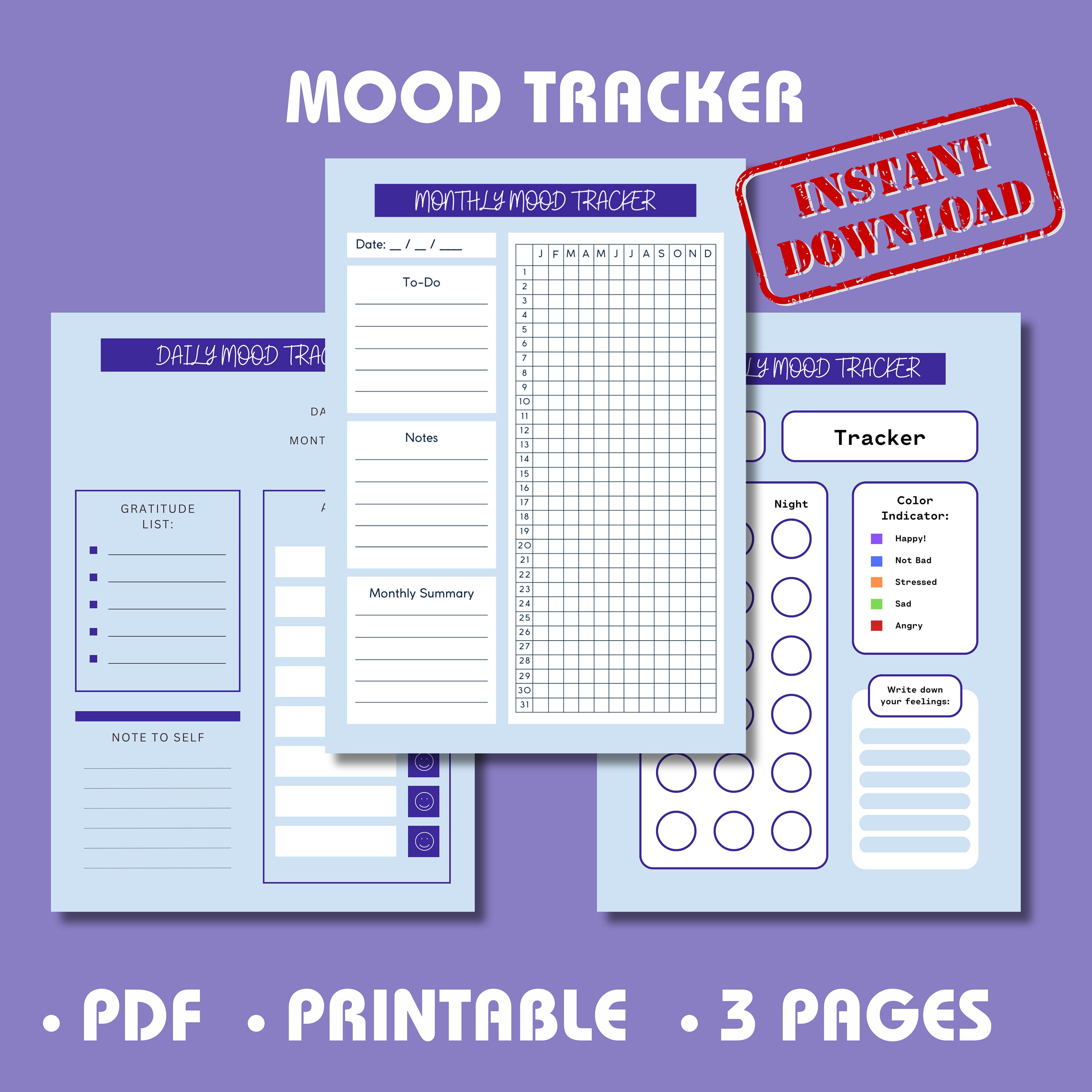 Daily Mood Tracker, Weekly Mood Tracker, Monthly Mood Tracker, Digital ...