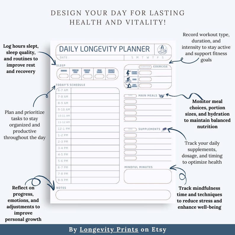 Daily Longevity Planner Printable - Organize Health, Wellness ...