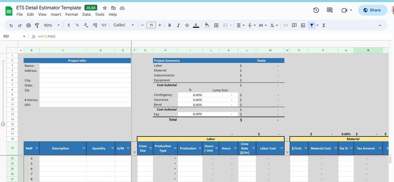Excel/google Detail Estimating Template - Etsy