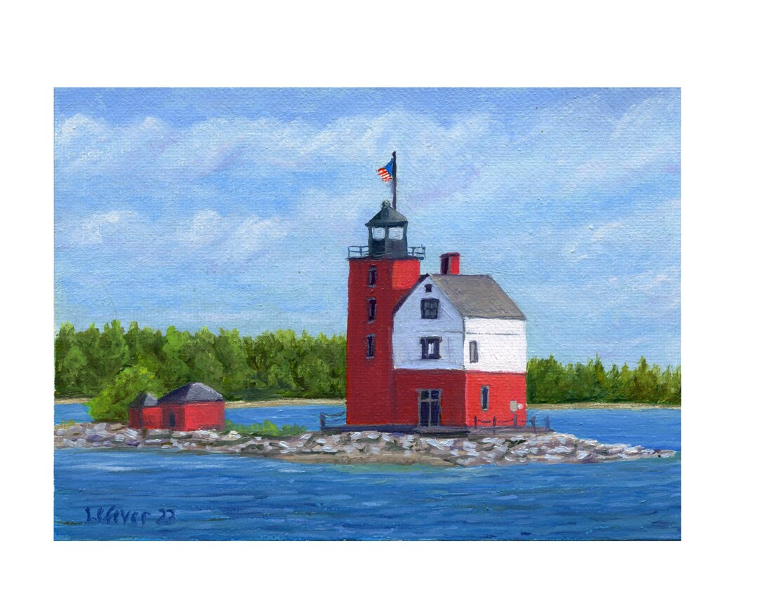 Original Lighthouse Wall Art Round Island Light Oil Painting Wall Decor ...
