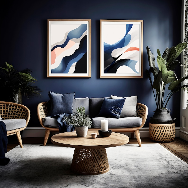 Navy Blue Abstract Art, Abstract Painting, Living Room Wall Art, Boho ...