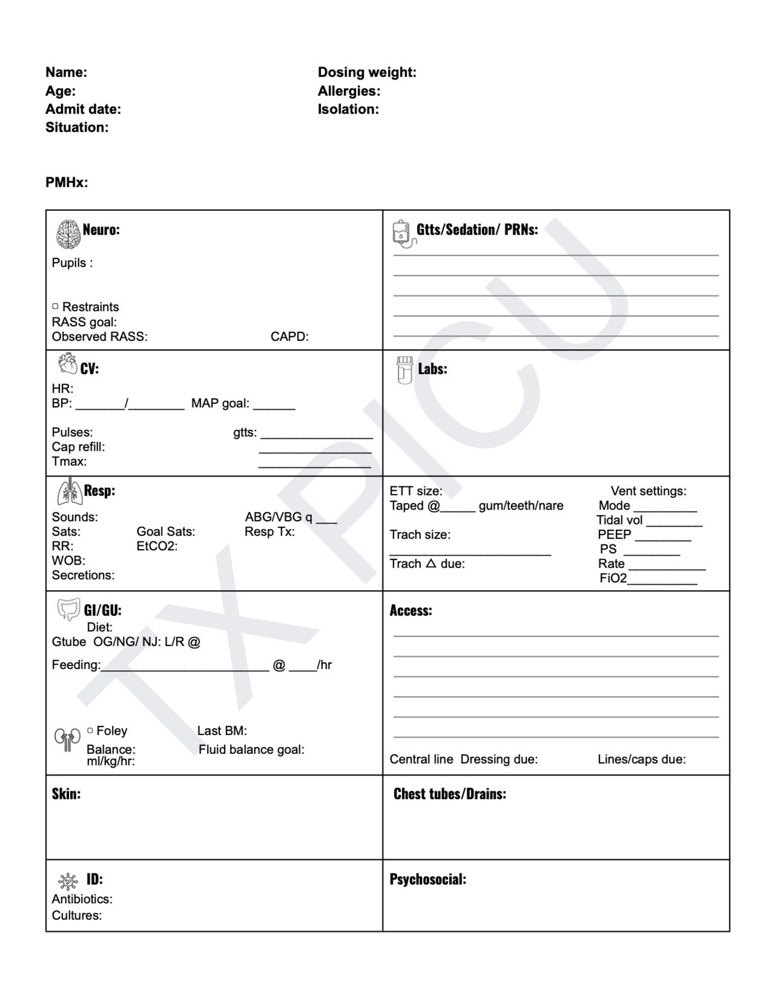 PICU Report Sheet Version 1 - Etsy