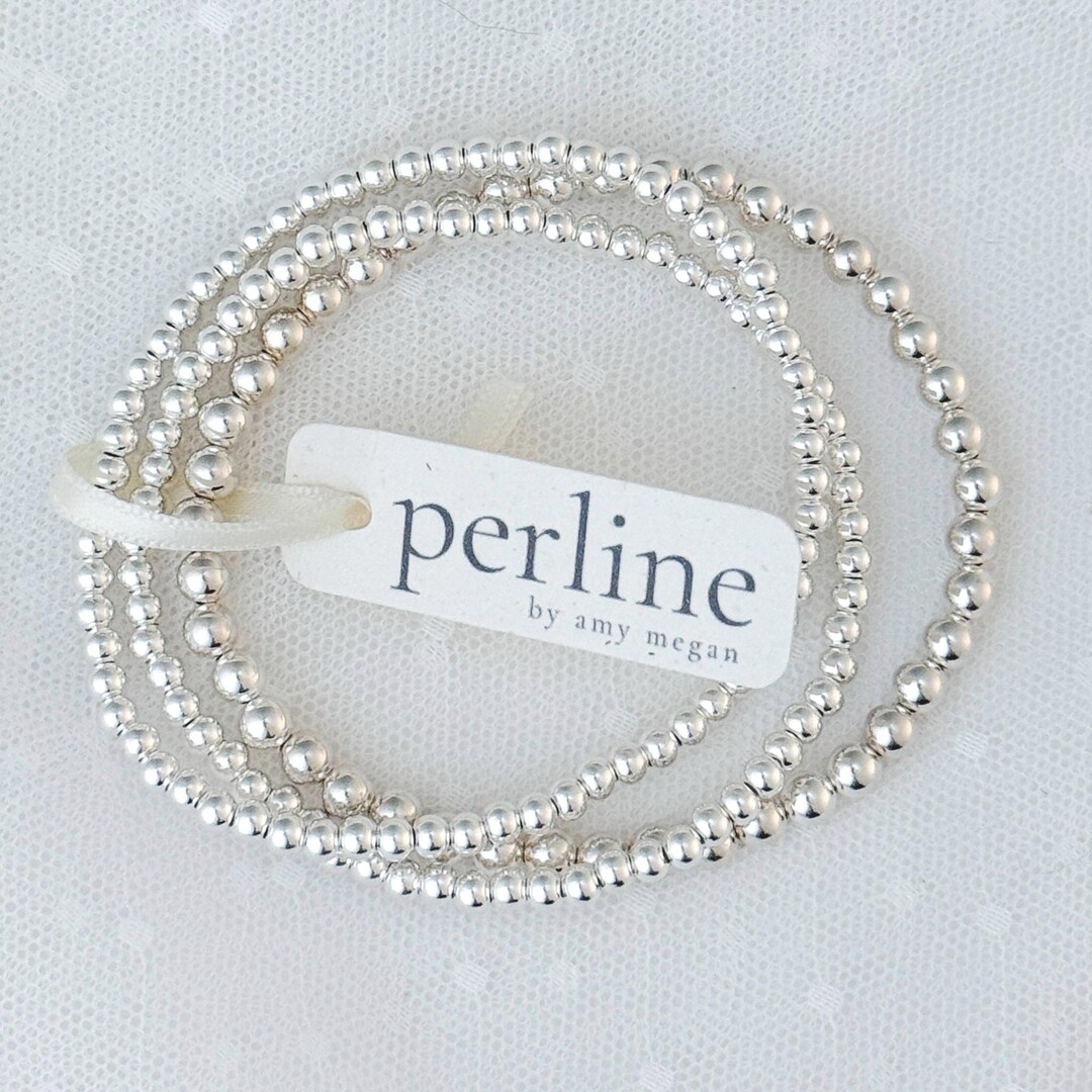 Sterling Silver Bracelet Stack | Set of Three Silver Stretch Beaded ...