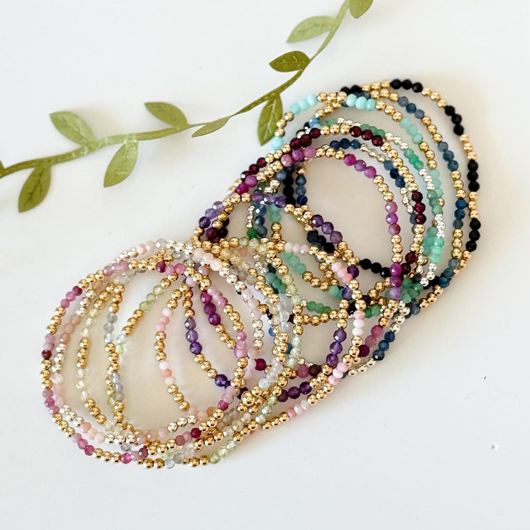 Triad Pattern Stackable Gemstone Stretch Bead Bracelets With 14k Gold ...