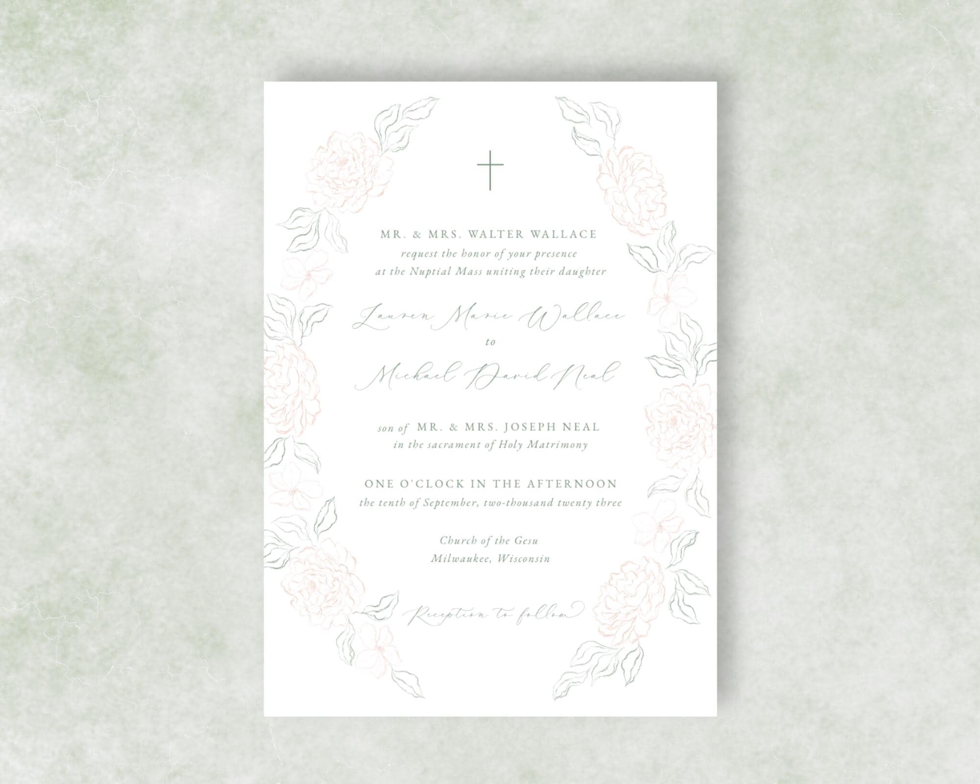Catholic Wedding Invitation Template for Mass | Sage & Blush Florals ...
