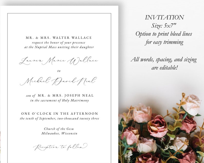 Traditional Nuptial Mass Catholic Wedding Invitation Suite Template ...
